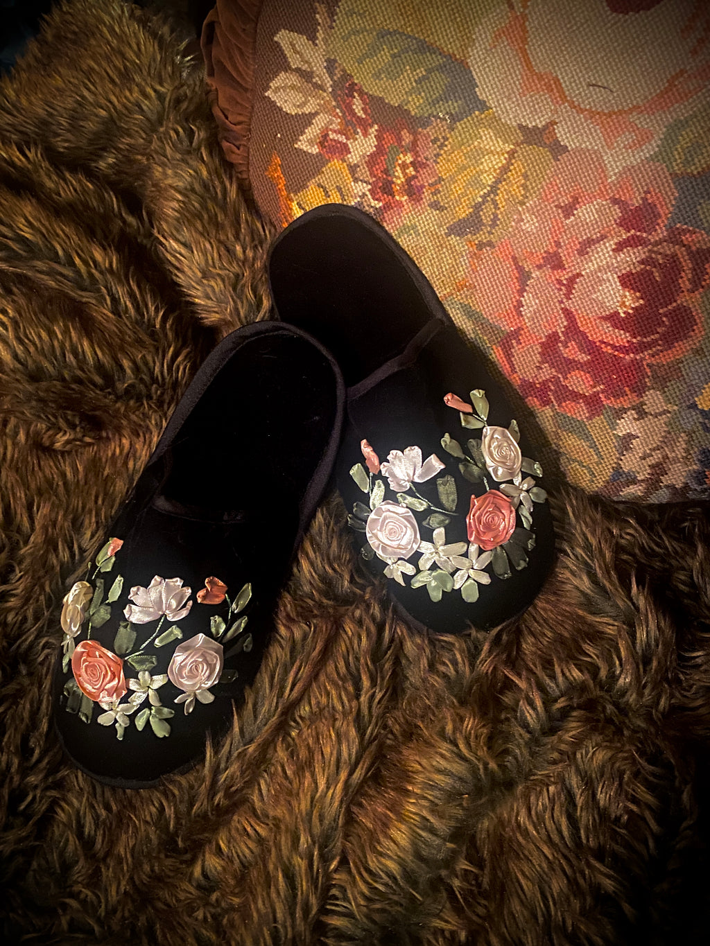 Velvet Boudoir Mules: Luxury Spa Slides with Ribbon Embroidery ...